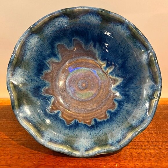 Accents | Art Pottery Blue Swirl Glaze Bowl With Ruffle Rim Signed ...